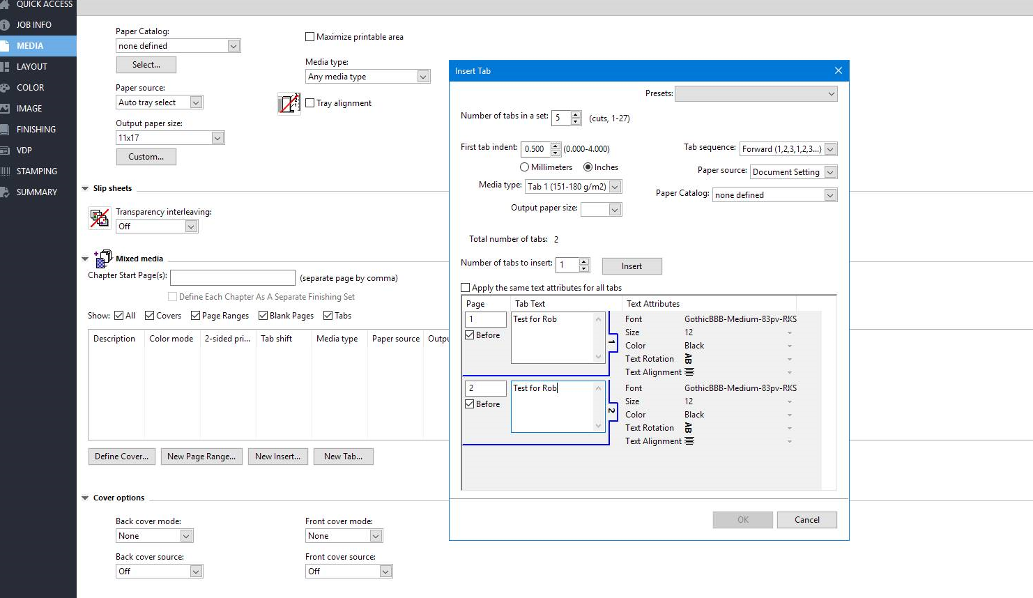 Does the Canon ImagePRESS Server G250 have "Insert Tab" functionality?